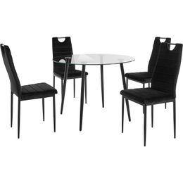 Inosign Essgruppe, (Set, 5-tlg), runder Glastisch, Ø 100 cm und 4 Esszimmerstühlen, Bezug aus Samtstoff, schwarz