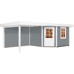 Weka Gartenhaus Designhaus 213 Plus, BxT: 585x279 cm, (Set), mit Anbaudach und Rückwand, grau|weiß