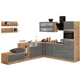 Kochstation Winkelküche KS-Samos, mit E-Geräten, Stellbreite 300 x 250 cm, grau