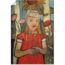 Artland Kunstdruck Mädchen in rotem Kleid vor Sonnenblume., Bilder von Kindern (1 St), als Alubild, Leinwandbild, Wandaufkleber oder Poster in versch. Größen, rot