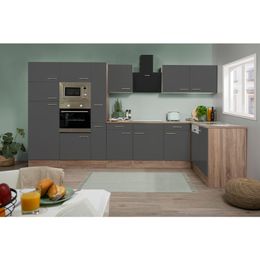 respekta Küchenprogramm Eiche York Winkelküche 370 cm inkl. E-Geräte & Mineralite Einbauspüle, grau