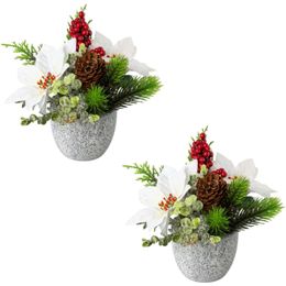 Winterliche Kunstpflanze Weihnachtsdeko Weihnachtsstern, Creativ green, Höhe 19 cm, im Zementtopf, mit Zapfen, Beeren und Zweigen, weiß