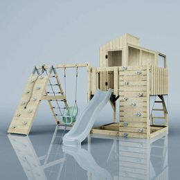 Rebo Outdoor Spielturm mit Wellenrutsche Spielhaus aus Holz mit Kinderschaukel, Kletterwand, Kletternetz, Ausführung: Babyschaukel, Farbe: Eisblau