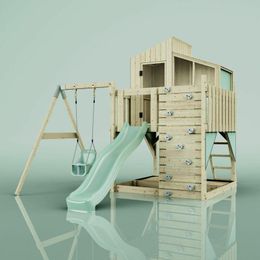 Rebo Spielturm mit Spielhaus inkl. Wellenrutsche Outdoor Klettergerüst Garten Kletterwand und Kletterleiter, Ausführung: Babyschaukel, Farbe: