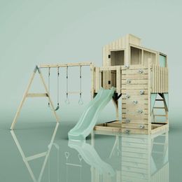 Rebo Spielturm mit Spielhaus mit Wellenrutsche Outdoor Klettergerüst Garten Kletterwand und Kletterleiter, Ausführung: Trapezstange, Farbe: Mintgrün