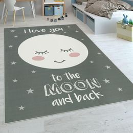 Paco Home - Kinderteppich Kinderzimmer Mädchen Sterne Niedlicher Mond Spruch Grau 140x200 cm