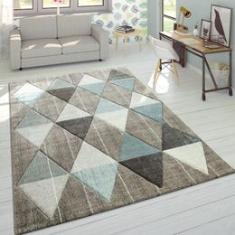 Designer Teppich Modern Konturenschnitt Pastellfarben Rauten Design Beige Blau 80x150 cm - Paco Home