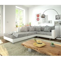 DeLife Ecksofa Clovis, Weiss Hellgrau Hocker Armlehne Ottomane Links Ecksofa modular