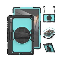 Wigento Tablet-Hülle Für Samsung Galaxy Tab S8 Ultra aufstellbare Outdoor Hybrid Hülle Hell Blau 360 Grad mit Trage Gurt Tablet Tasche Cover Case Schutz