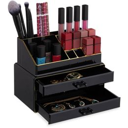 Make Up Organizer klein, 2-teilige Schminkaufbewahrung mit Schubladen, stapelbares Kosmetikregal, schwarz/gold - Relaxdays