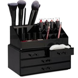 Make Up Organizer klein, 2-teilige Schmink Aufbewahrung Acryl, mit Lippenstifthalter und 4 Schubladen, schwarz - Relaxdays
