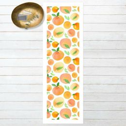 MICASIA - Vinyl-Teppich - Aquarell Orangen mit Blättern in weißem Rahmen - Panorama Hoch 3:1 Größe HxB: 90cm x 30cm