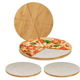 Relaxdays 4 x Pizzabrett Bambus, runde Pizzateller 33 cm ø, inklusive Backpapier, Pizza Schneidebrett mit Rillen, natur