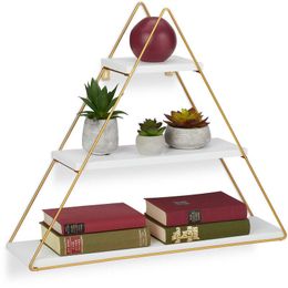 Relaxdays - Hängeregal Pyramide, 3 Ablagen, Wandregal hbt 54 x 62 x 15 cm, belastbar, Wandmontage, mdf & Eisen, weiß/ gold
