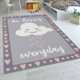 Paco Home - Kinderteppich, Spielteppich Für Kinderzimmer, Spruch-Motiv Und Wolke, Grau Rosa 120x160 cm