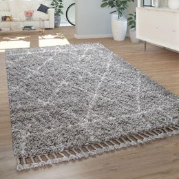 Paco Home - Hochflor Teppich Grau Wohnzimmer Orientalisches Muster Berber Stil Weich Shaggy 160x230 cm