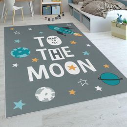 Kinderteppich, Spielteppich Für Kinderzimmer, Mit Raketen-Motiv Und Spruch, Grau 120x160 cm - Paco Home