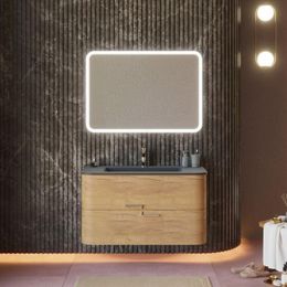 KIAMAMI VALENTINA Wandmontierter Badezimmerschrank 100Cm Eiche Honig, Waschbecken Und Spiegel Schwarz Hollywood