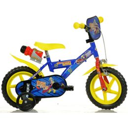 DINO Kinderfahrrad Feuerwehrmann Sam 12 Zoll, 1 Gang, mit Stützrädern, Trinkflasche und Frontschild, blau