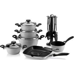 Krüger Krüger Topf-Set Aluguss Topf- und Pfannenset inkl. praktischen Küchenhelfern, 17 tlg., Aluminiumguss (Set, 17-tlg., Fleischtopf 16/18/20/24cm, Stieltopf 16cm Steakpfanne 7 T.Küchenhelfer), inkl. 7-tlg. Küchenhelfer-Set, grau