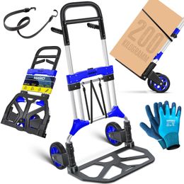 Masko® Sackkarre Klappbar 200 kg Tragkraft inkl. Rädern Vollgummi, + 2 Expanderseile + Handschuhe - Dreifach höhenverstellbarer Griff - Große Ladefläche - Aluminium Handkarre Transportkarre