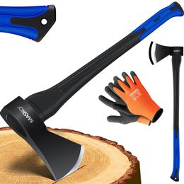 Kesser MASKO® Spaltaxt Spaltbeil Axt Beil Spalthammer Spaltkeil FIBERGLAS-Stiel + Handschuhe Die Perfekten Werkzeuge für Garten und Wald Universal Robust Langlebig Rostfrei