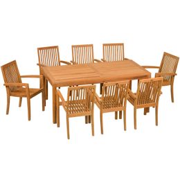 Kai Wiechmann Garten-Essgruppe Premium Teak Sitzgruppe aus 8 Stapelstühlen und 1 Tisch 180 x 90 cm