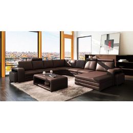 JVmoebel Wohnzimmer-Set, Ecksofa U-Form + 2x Hocker + Couchtisch Couch Design Polster Leder