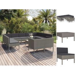 vidaXL Garten-Essgruppe 12-tlg Garten Lounge Set mit Auflagen Polyrattan Grau Sitzgruppe Set L