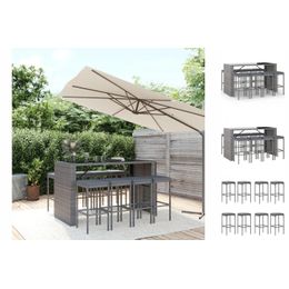 vidaXL Garten-Essgruppe 9-tlg Gartenbar-Set mit Kissen Grau Polyrattan Bar Set