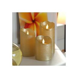 MARELIDA LED-Kerze LED Kerzenset Echtwachs bewegliche Flamme Fernbedienung gold 3er Set (3-tlg)