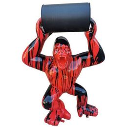 Casa Padrino Skulptur Luxus Deko Skulptur Gorilla Affe mit Fass Rot / Schwarz H. 140 cm
