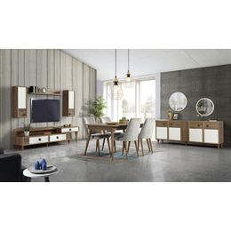 JVmoebel Esszimmer-Set Esszimmer Set Tisch 4x Stühle Anrichte Set Garnitur Design Holz Textil