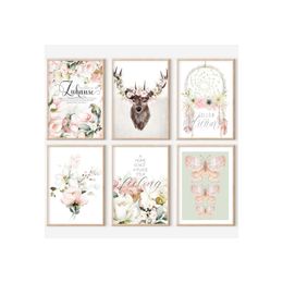 homestyle-accessoires Poster Bilderset ZUHAUSE FEELING HIRSCH 6er SET DIN A4 ODER DIN A3 Prints