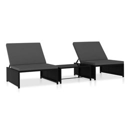 furnicato Gartenliege Sonnenliegen 2 Stk. mit Tisch Poly Rattan Schwarz