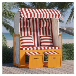 furnicato Gartenliege Strandkorb mit Kissen Poly Rattan und Massivholz Rot & Weiß