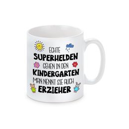 Herzbotschaft Tasse Kaffeebecher mit Motiv Echte Superhelden gehen in den Kindergarten