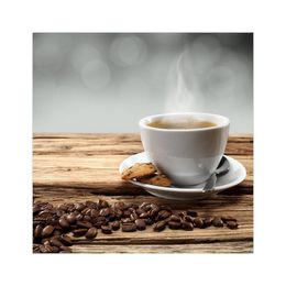 Wallario Glasbild, Heiße Tasse Kaffee mit Kaffeebohnen
