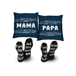 Soreso® Soreso® Dekokissen Eltern Geschenk zu Weihnachten 2 Kissen Mama und Papa + 2 Paar Socken