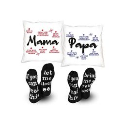Soreso® Soreso® Dekokissen Eltern Geschenk zu Weihnachten 2 Kissen Mama und Papa + 2 Paar Socken