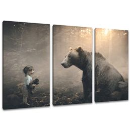 Pixxprint Leinwandbild Mädchen mit Teddy und Bär im Wald