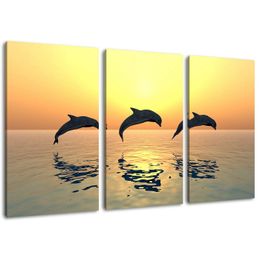 Pixxprint Leinwandbild Delfine im Sonnenuntergang