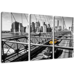 Pixxprint Leinwandbild Gelbes Taxi in New York auf Brücke