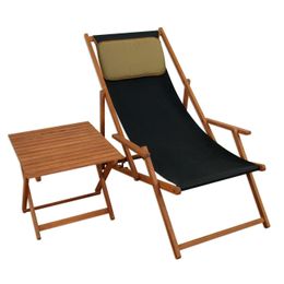 ERST-HOLZ Gartenliege Deckchair schwarz Gartenliege Sonnenliege Strandstuhl Tisch Kissen