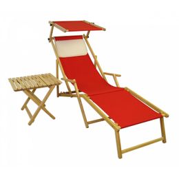 ERST-HOLZ Gartenliege Relax liege rot mit Kissen und Sonnendach mit Tisch hell Buche massiv
