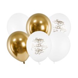 partydeco Luftballon, Luftballons 30cm mit Schrift Happy Birthday 6er Set gold / weiß