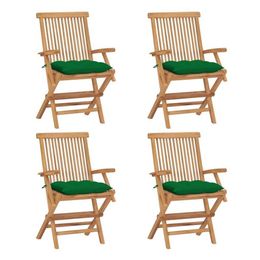 furnicato Gartenstuhl Gartenstühle mit Grünen Kissen 4 Stk. Massivholz Teak