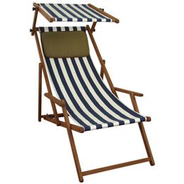 ERST-HOLZ Gartenliege Liegestuhl blau-weiß Buche dunkel Strandstuhl Sonnendach Kissen
