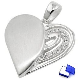 unbespielt Herzanhänger Kettenanhänger Anhänger Herz mit Zirkonias matt-glänzend 925 Silber 16 x 16 mm inkl. kleiner Schmuckbox
