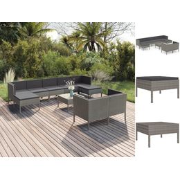 vidaXL Garten-Essgruppe 10-tlg Garten Lounge Set mit Auflagen Polyrattan Grau Sitzgruppe Set L